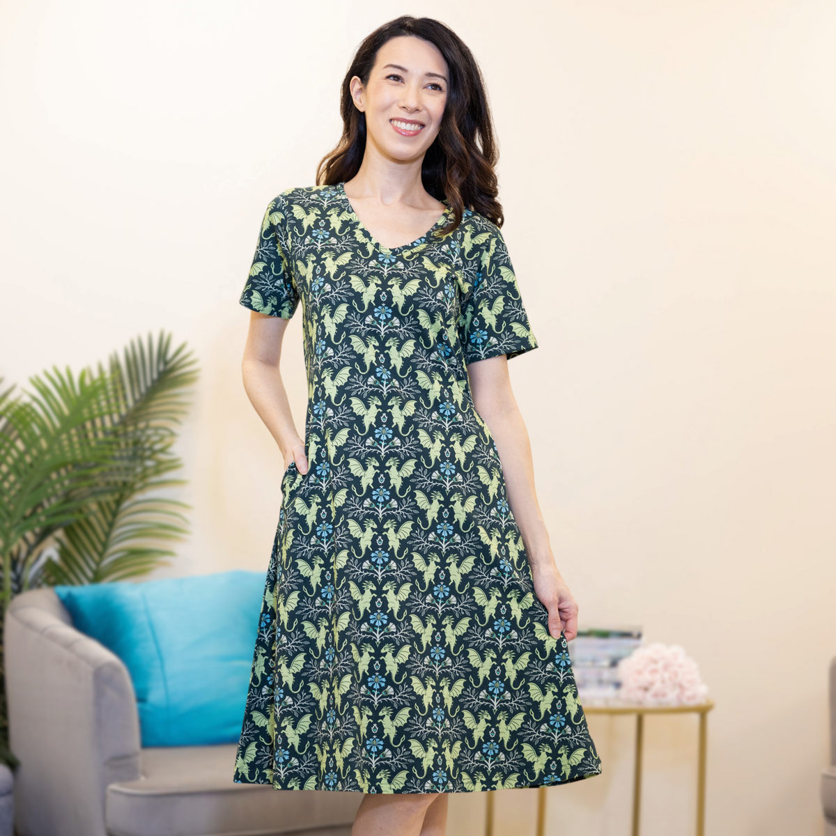 Dragons Damask A-Line Dress (No Waist Seam) Svaha USA