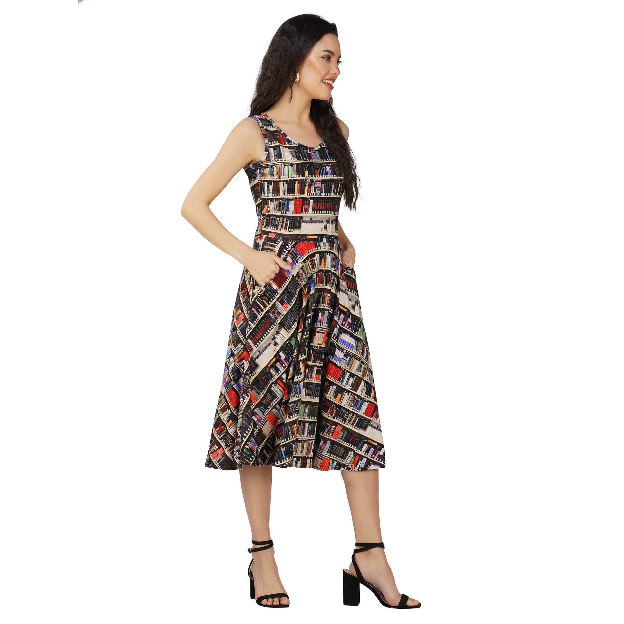 Library Shelves Books Sleeveless Twirl Dress Svaha USA