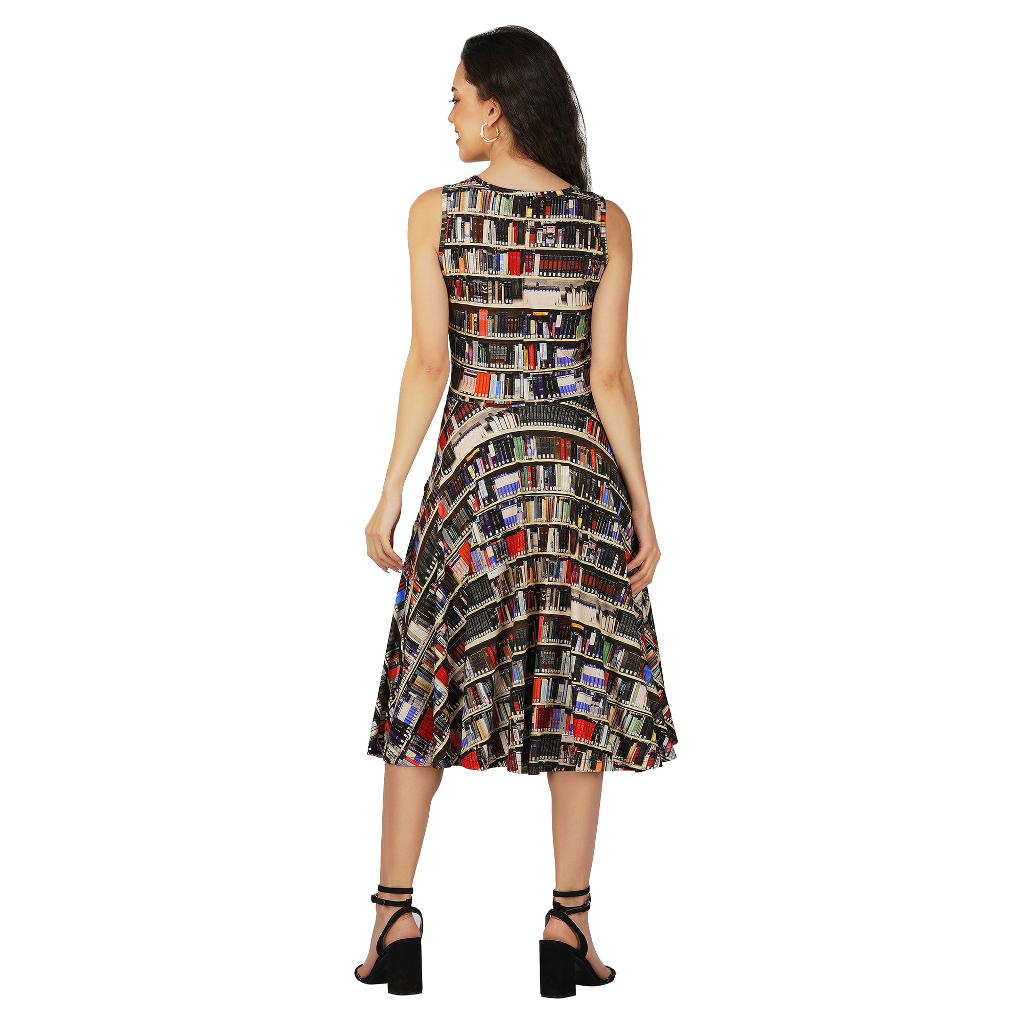 Library Shelves Books Sleeveless Twirl Dress Svaha USA