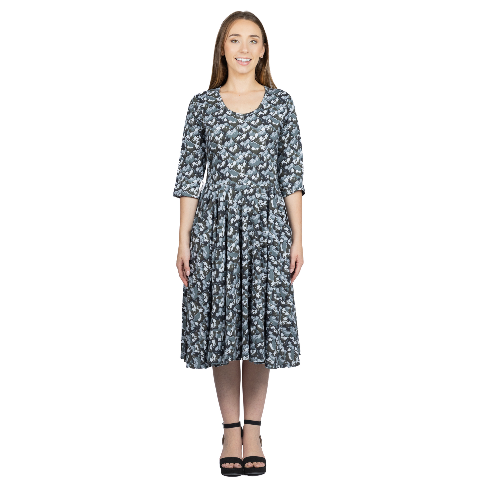 Bears and Mountains 3/4th Sleeves Twirl Dress Svaha USA