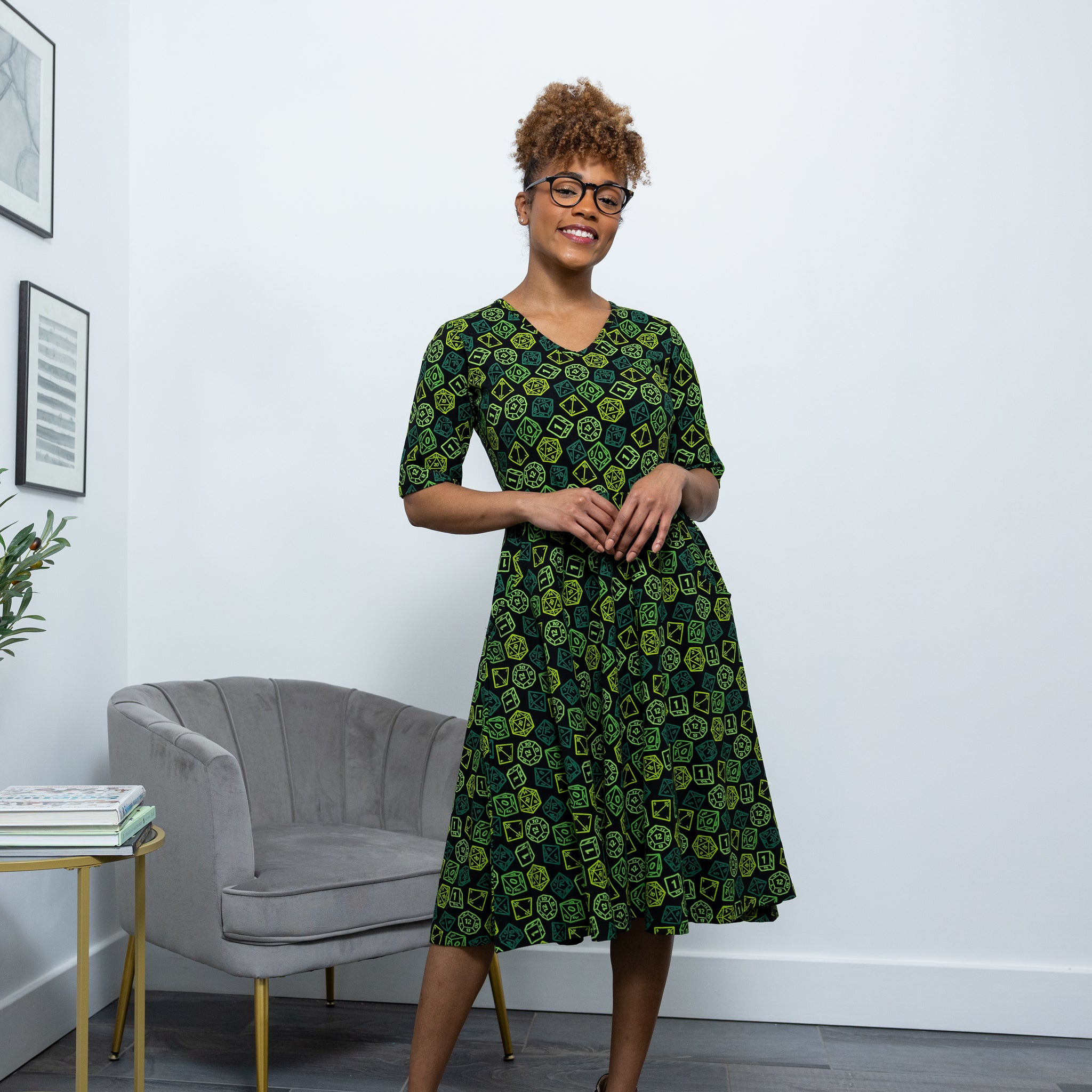 Dice Green 3/4th Sleeves Twirl Dress Svaha USA