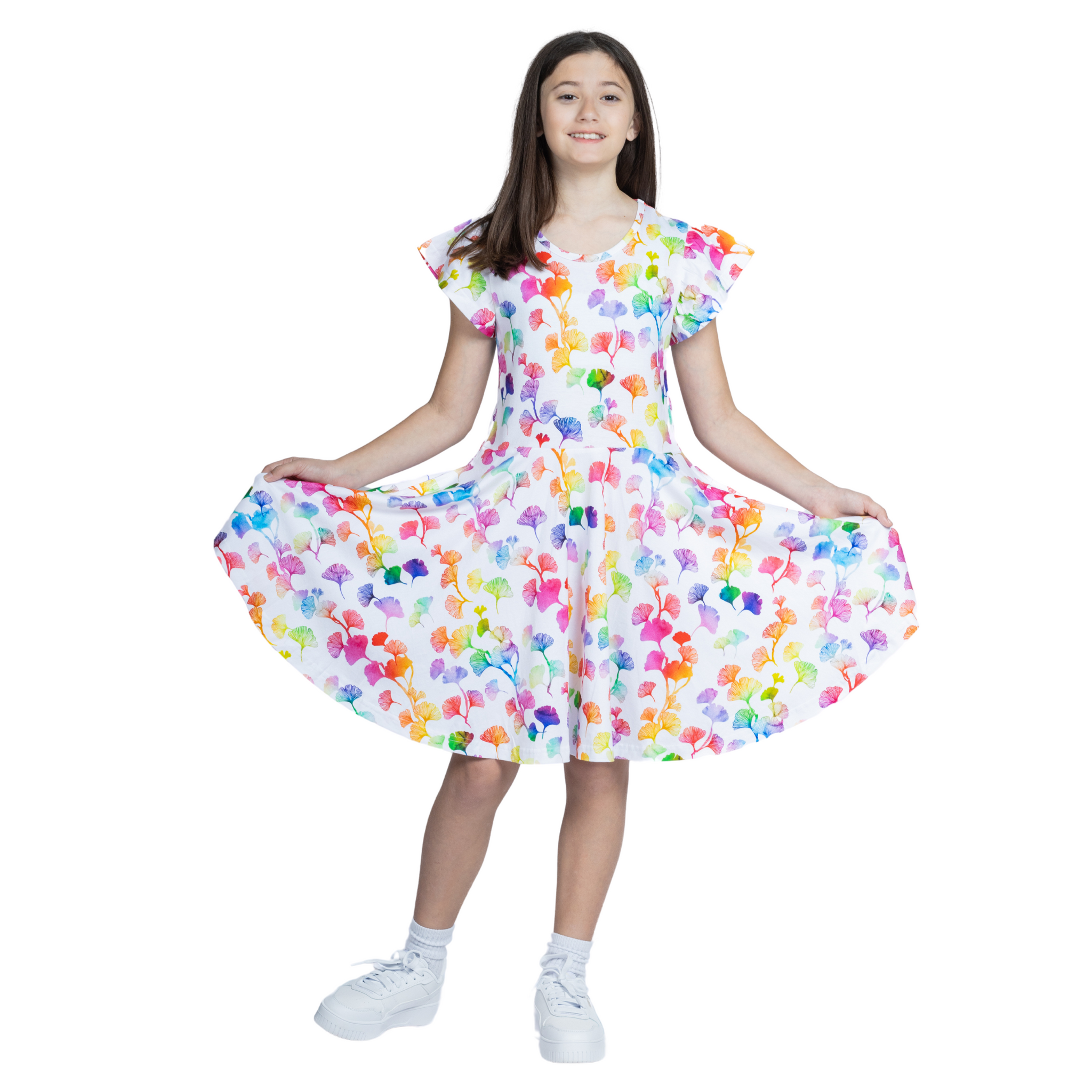 Rainbow Ginkgo Leaves Kids Twirl Dress Svaha USA